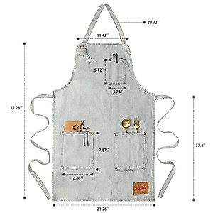 VANTOO Unisex Distressed Jean Apron with Convenient Pockets for Men and Women,White