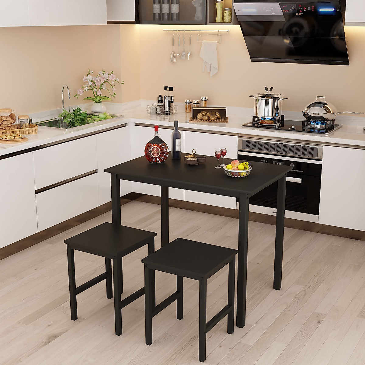 AWQM 3 Piece Dining Table Set, Small Kitchen Table and 2 Stools, Kitchen Breakfast Dining Table Set, Breakfast Table of 35.43 x 23.62 x 29.92 inches, Stools of 13.8 x 13.8 x 17.8 inches, Black