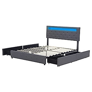 HOMFAMILIA Queen Bed Frame with Headboard and Drawers, LED Bed Frame with Adjustable Storage & LED Lights Headboard, Upholstered Platform Bed with 2 USB Ports, No Box Spring Needed, Dark Grey