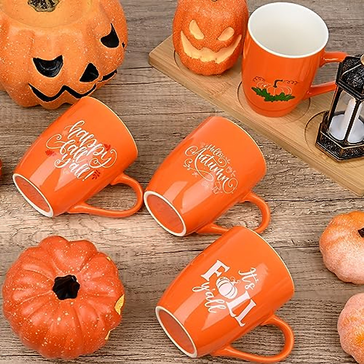 4 Pcs Fall Coffee Mugs 11 oz Fall Autumn Pumpkin Mug Happy Fall Y'all Ceramic Cups Orange Autumn Fall Home Decor Kitchen Accessories Camp Campfire Tea Cup Thanksgiving Gift for Mom Dad Grandpa Grandma