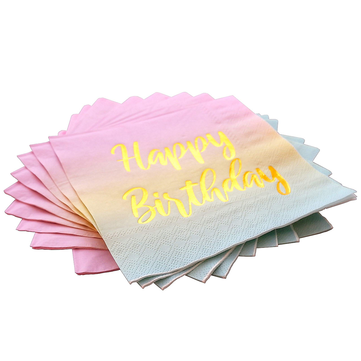 Happy Birthday Napkins - 50 Pack Pastel Metallic Birthday Disposable Paper Napkins with Gold Foil Printing on Pink Yellow Blue Ombre Gradient for Cocktail Party Supplies - 6.5" x 6.5" inches