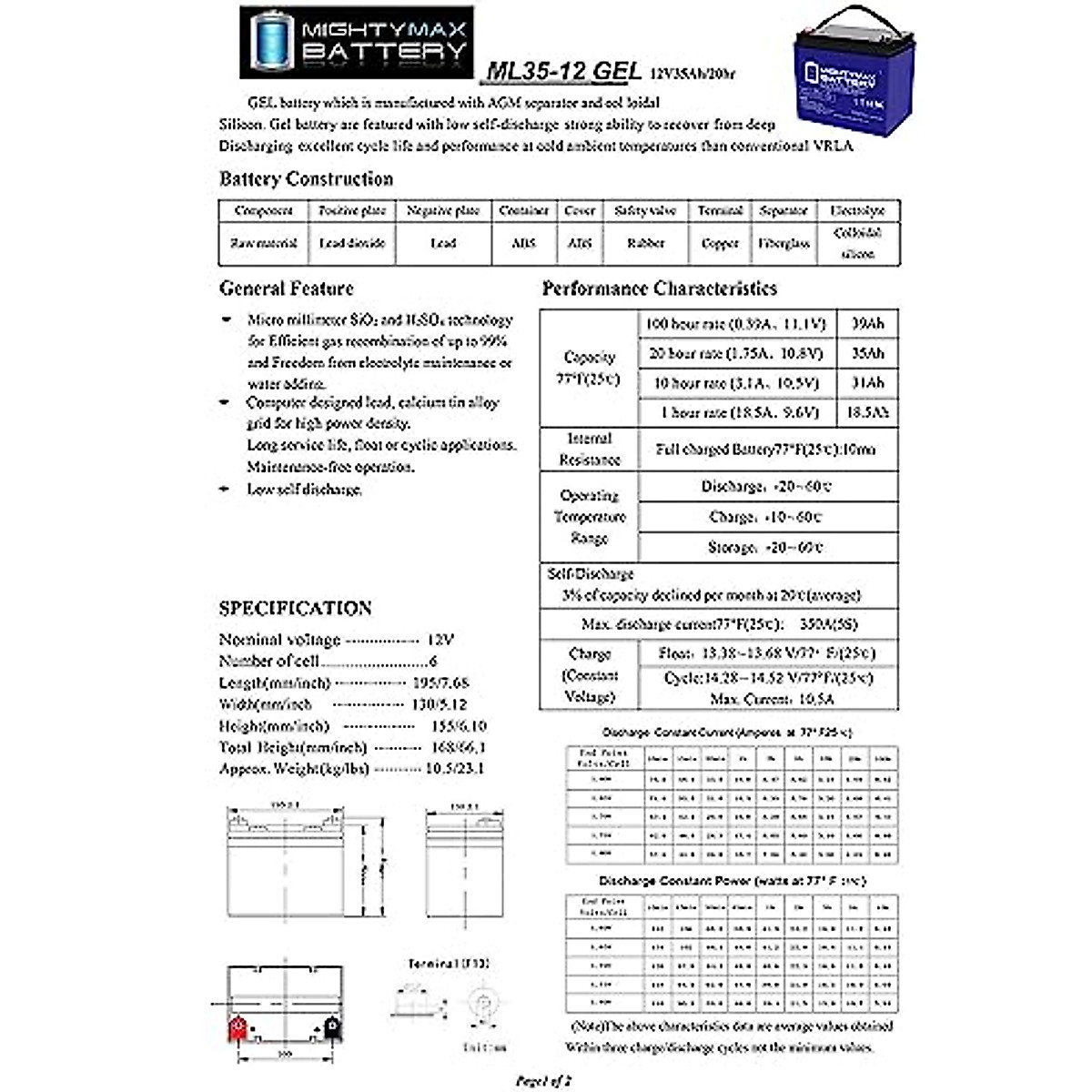 Mighty Max Battery ML35-12GEL - 12 Volt 35 AH, GEL Type, Internal Thread (INT) Terminal, Rechargeable AGM Battery