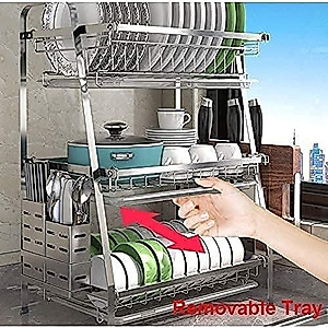 Plate Rack Dish Drainer Rack Kitchen Supplies Storage Draining with Chopsticks/Knives/Cutting Board Holder Drainboard Pan Plate Holder (Color : Silver, Size : 3-Tier)