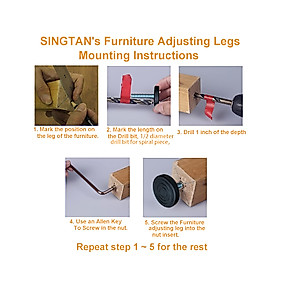 SINGTAN #304 Stainless Steel Furniture Levelers-Pack of 4 | Furniture Feet,Heavy Duty Adjusting Foot Adjustable Furniture Legs | Table Levelers | Chair Levelers,3/8"-16 Threaded Bolt, Thread Pitch:16