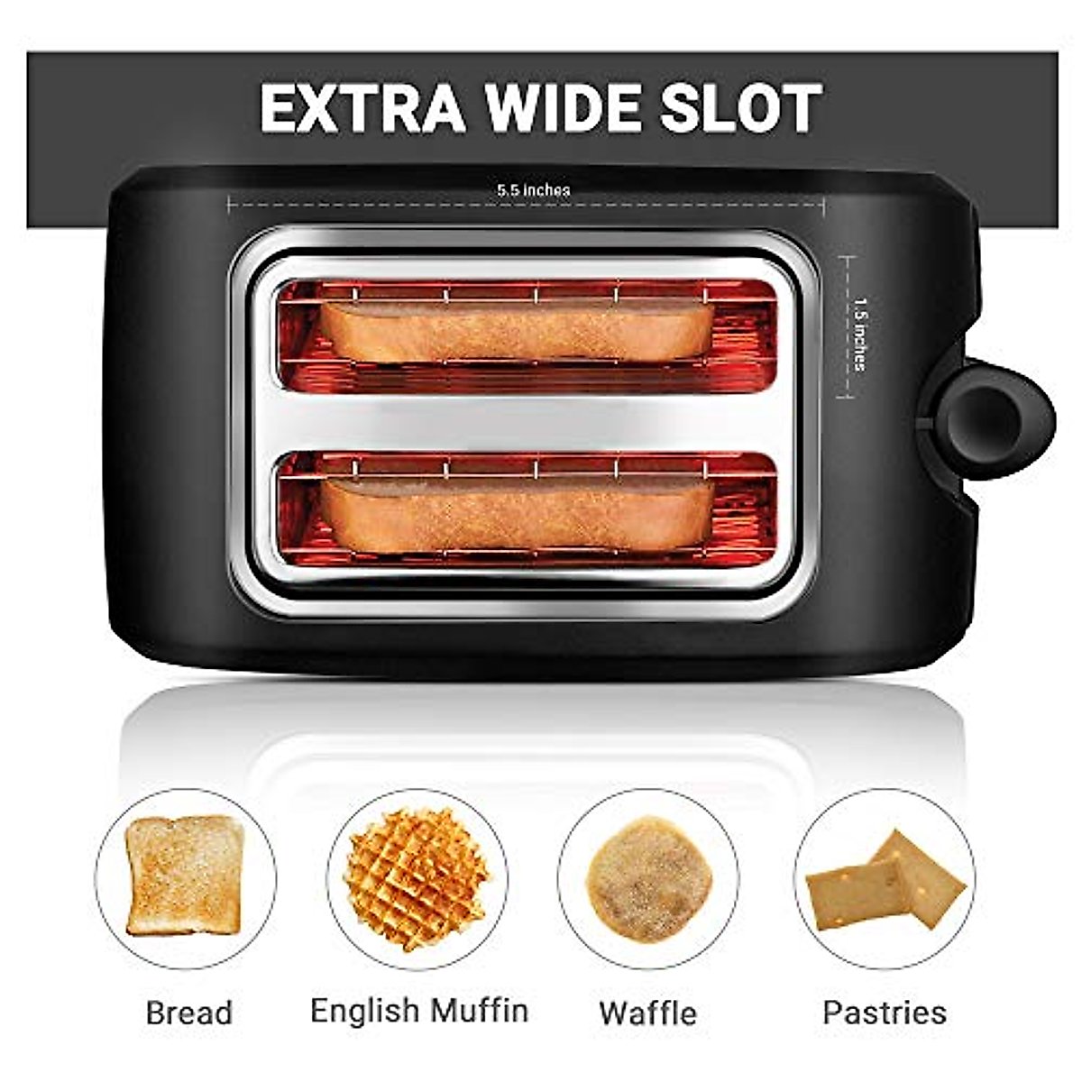 2 Slice Toaster CUSINAID Black Wide Slot Toaster 2 Slice Best Rated Prime with Pop Up Reheat Defrost Functions, 6-Shade Control, Removable Crumb Tray