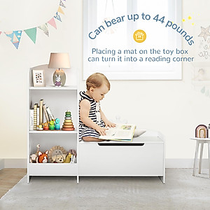 Curipeer Kids Bookshelf and Toy Storage Organizer with Reading Nook for Kids, 3-Tier Baby Nursery Bookshelf Bookcase with Bench and Storage Cabinet for Kid's Room, Nursery, Bedroom, Living Room(White)