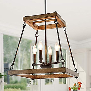 LALUZ Farmhouse Chandelier, Rustic Square 4 Light Fixture with Faux Wood Finish for Foyer, Dining & Living Room, Bedroom and Kitchen Island