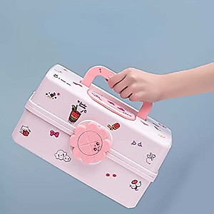 Children's Hair Accessories Organiser Jewelry Storage Box Large Capacity Hair Clips Rubber Band Multiple Layers Storage Boxes with Lock Pink