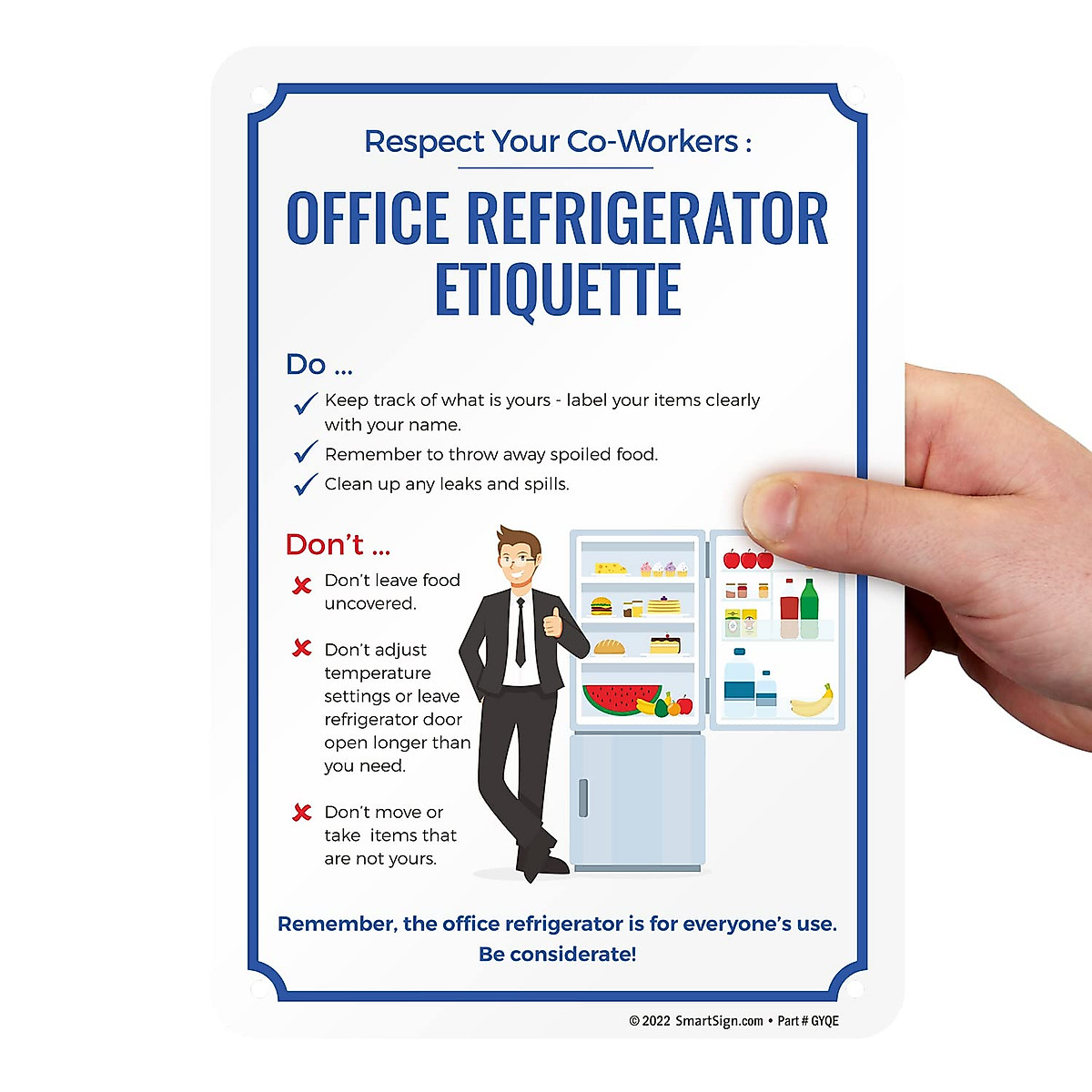 SmartSign 10 x 7 inch “Respect Your Co-Workers - Office Refrigerator Etiquette” Sign, Digitally Printed, 55 mil HDPE Plastic, Multicolor, Made in USA