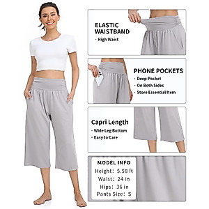 TARSE Women's High Pleated Waisted Capri Pants Casual Wide Leg Grey Yoga Pants Loose Soft Pajamas with Pockets Sweatpants Light Gray 2XL XXL