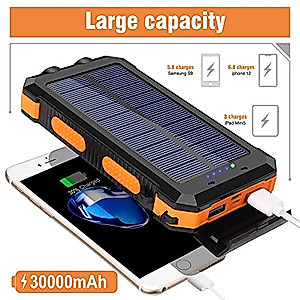 Solar Charger 30000mAh, Portable Solar Power Bank External USB Battery Pack with LED Flashlight, Waterproof Solar Phone Charger for Outdoor Camping Travel, Compatible with Cell Phones and Tablet