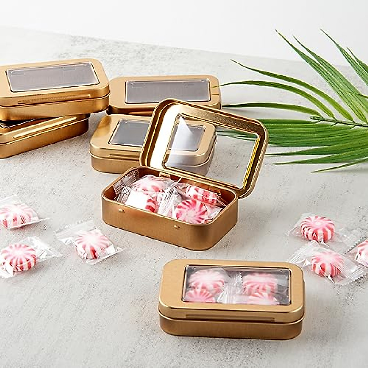 Restaurantware RW Base 4.5 Ounce Rectangular Tin Containers 10 Durable Tin Boxes With Lids - Clear Window Lids Rounded Edges Gold Tin Storage Containers Customizable Fits Mints Or Pills