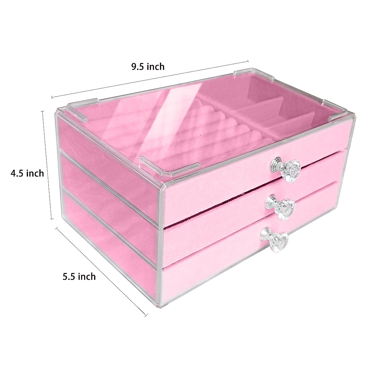 Jemjosh Clear Acrylic Velvet Jewelry Organizer with 3 Drawers, Stackable Display Storage Earrings Necklace Rings Bracelets Box Holder Case for Women, Pink