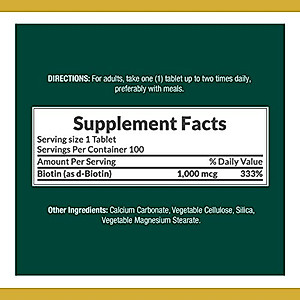 Nature's Bounty Biotin 1000 mcg Vitamin Supplement Tablets 100 ea (Pack of 2)
