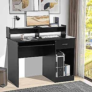 BLKMTY Computer Desk with Drawers for Home Office Desk with Keyboard Tray 43" Study Desks for Teens Wood Executive Desk with Monitor Stand Large Desktop Surface Writing Table Workstation, Black
