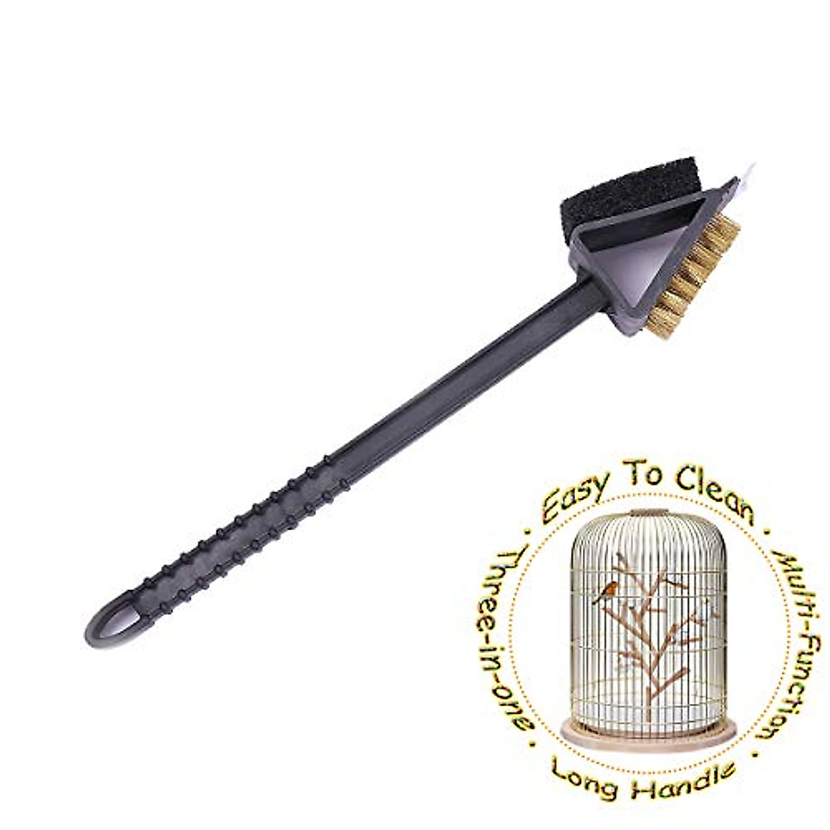 Bonaweite Stainless Steel Triangle Bird Cleaning Brush, Multi-Function Three-in-one Long Handle Brush, Pet Supply Cage Accessory for Parrot Birds …