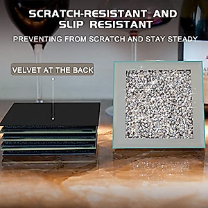 Glass Mirrored Coasters for Drinks, Crushed Diamond Coasters Set of 4, Decorative Wine Coasters, Mirror Coasters Heat Resistant, Table Bling Coasters for Bar Kitchen Restaurant, Silver Square 4 inches