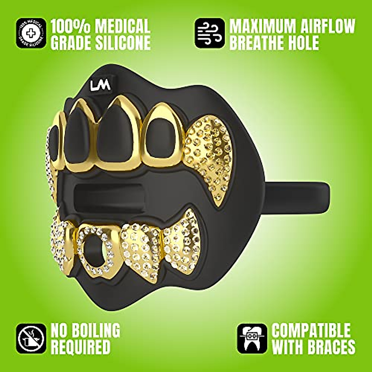 Loudmouth Football Mouth Guard - 3D Chrome Grillz Football Mouthpiece, Fits Adult & Youth, Mouth Guard Football Accessories (3D Grillz Bling - Chrome Black/Gold)