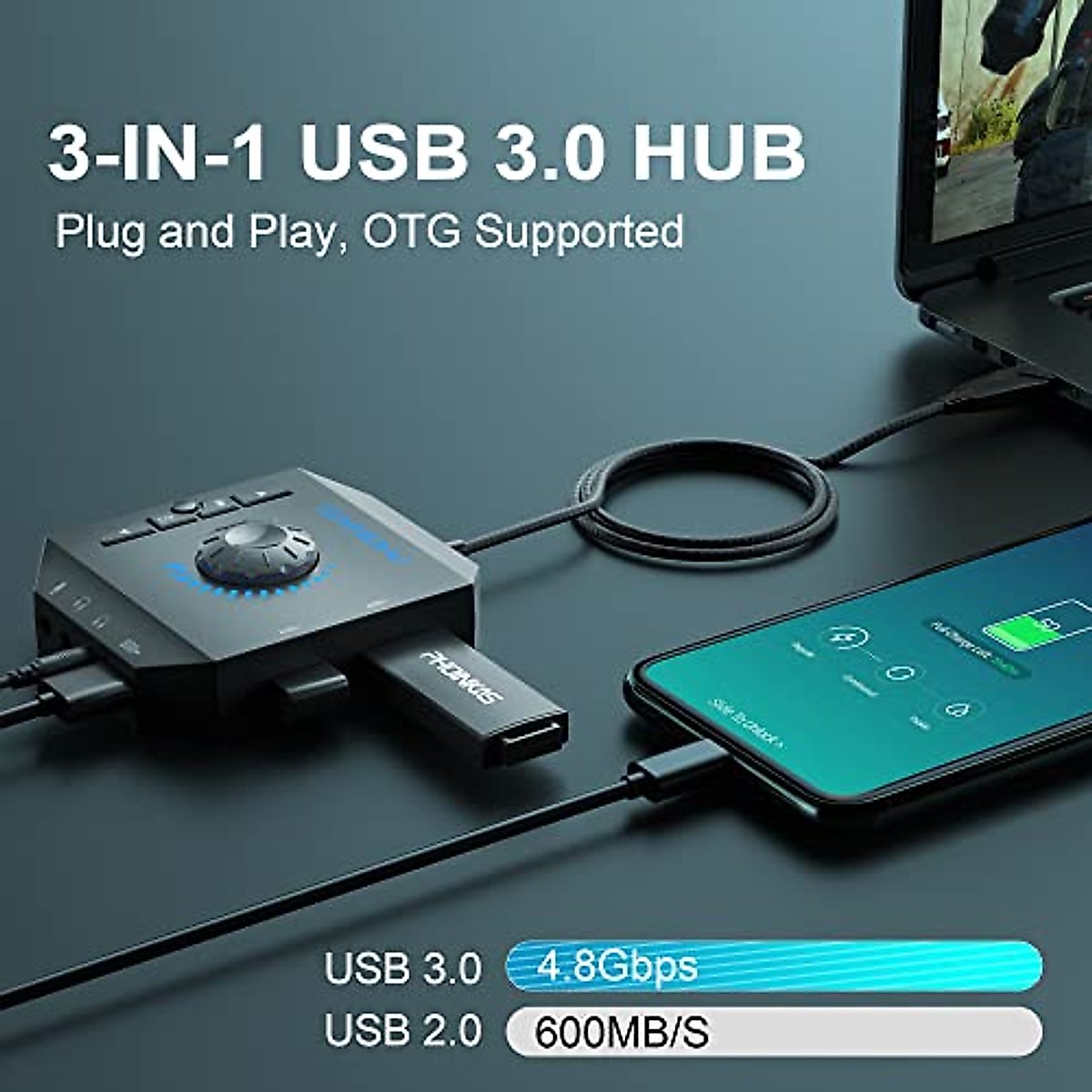 T10 External Sound Card, PHOINIKAS USB Audio Adapter for PC Windows, Mac, Linux, Laptops, Desktops, Stereo Sound Card with 3.5mm Interface & USB Interface, Volume Control, Plug & Play (6-in-1, Black)