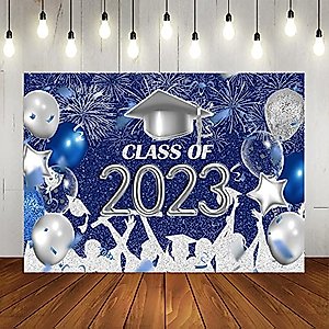 Lofaris Class of 2023 Party Photography Backdrop Royal Blue and Silver Congrats Grad Graduation Caps Background Celebration Graduation Prom Party Decor Banner Photo Booth Props 7x5ft