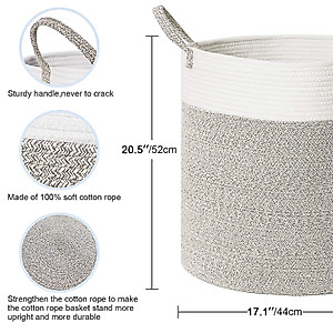 Large Cotton Rope Storage Basket - 18'' x 18'' x 20'' Woven Blanket Basket, 80L Baby Toys Basket, 100% Natural Cotton Laundry Hamper for Nursery Storage, Closet, Bedroom - White Brown