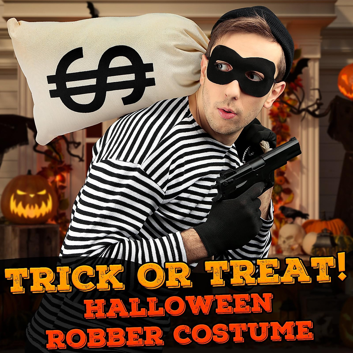 Ramede 32 Pcs Halloween Costume Set, Include Dollar Sign Canvas Bags, Robber Mask, Knit Beanie, Black Robber Gloves for Halloween Outfit Cosplay Bandit Burglar Theme Party Supplies