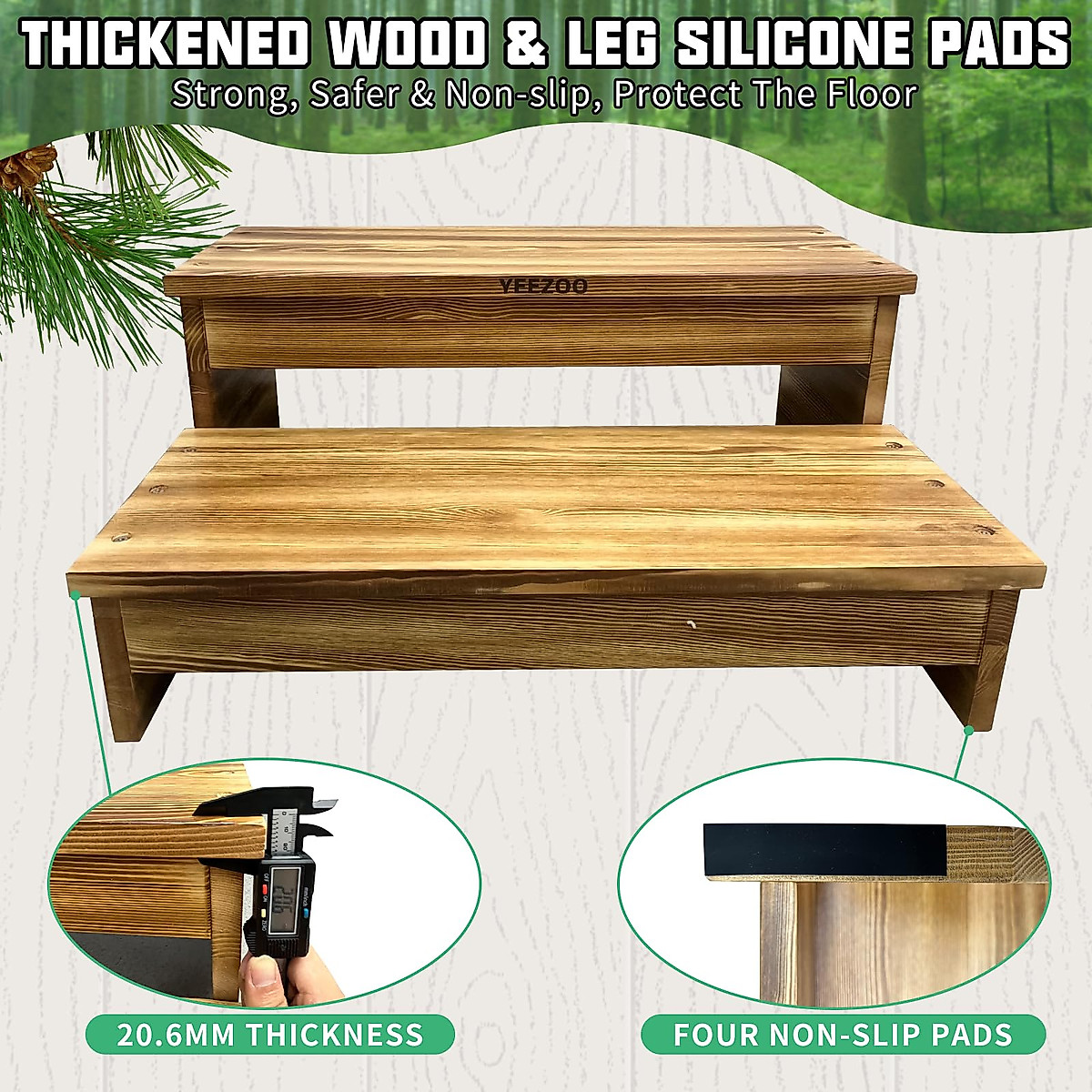 Long wooden step stool, 2 steps wood stool with non-slip pads for kitchen high bed for kids, adults and elderly (26.8" L*20.1" W*11.8" H)