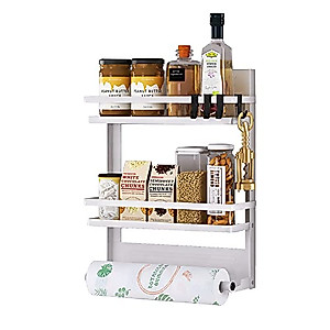 PINNIYOU Magnetic Spice Rack, Magnetic Shelf with Paper Towel Holder and 4 Hooks for Refrigerator, 3 Tier Magnetic Fridge Organizer for Kitchen Storage Spices, Pepper, White