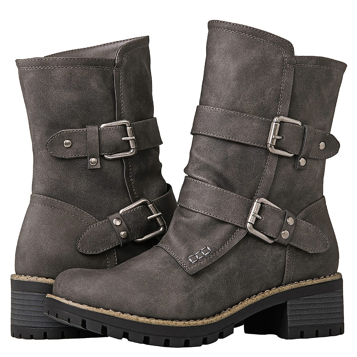 GLOBALWIN Lace up Mid Calf Motorcycle Fashion Festival Boots Combat Riding Military Boots for Women Grey Size 8