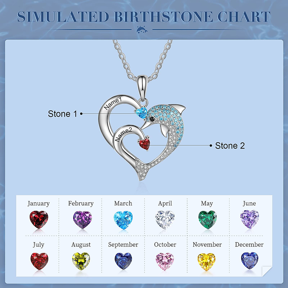 Zomodia Personalized Dolphin Necklace, Simulated Birthstone Necklace for Women Engraved Names Promise Necklace for Her Mother Daughter Jewelry Gift (2 names)