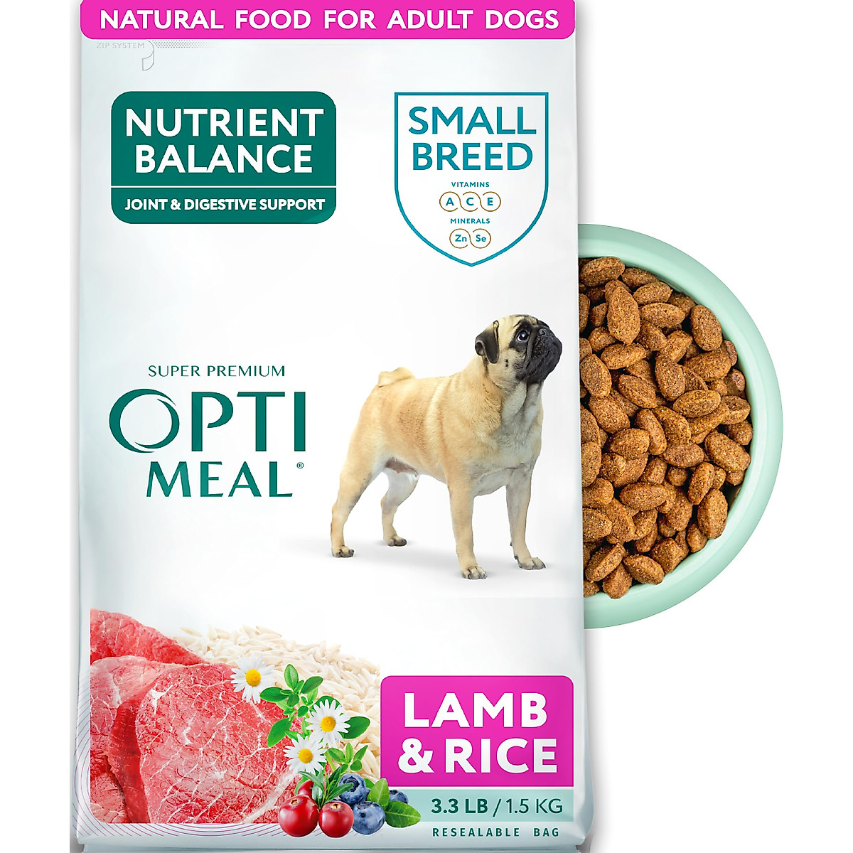 OPtimeal Small Breed Dog Food - Proudly Ukrainian - Nutrient Balance Dry Small Dog Food High-Protein to Support Healthy Digestion and Joint Health (3.3lbs, Lamb & Rice)