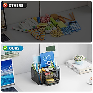 Marbrasse Mesh Desk Organizer, Pen Organizer with 2 Drawer, Multi-Functional Pencil Holder for Desk, Desk Organizers and Accessories with 5 Compartments + Drawer for Office Art Supplies (Black)