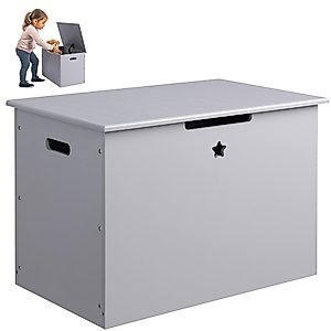 Navaris Wooden Toy Box with Child's Bench Lid - Wood Storage Chest for Children's Toys and Kid's Seat with Star Design - Grey