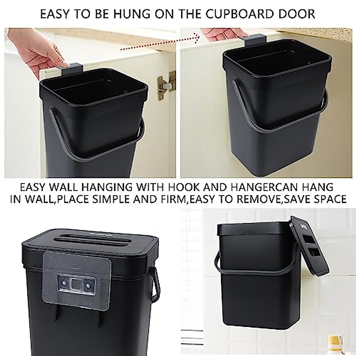 VIGIND Hanging Small Trash Can with Lid Under Sink for Kitchen, 5 L/ 1.3 Gallons Plastic Waste Basket,Food Waste Bin,Kitchen Compost Bin for Counter Top,Bathroom/Office (Black)