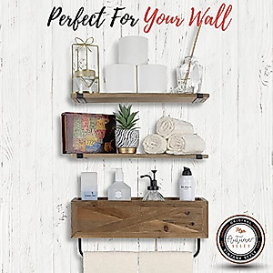 Autumn Alley Rustic Farmhouse Bathroom Shelves Wall Mounted – Industrial Floating Shelves for Bathroom with Towel Bar – Stunning Inlaid Wood Design, Above Toilet Shelves Rustic Towel Rack