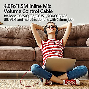 Replacement for Bose Headphone Cord, 2.5mm to 3.5mm Audio Cable for Bose 700 QC25 QC35 QC35 II OE2 AE2, JBL E45BT E55BT E65BTNC, AKG Nylon Braided Wire with Inline Mic & Volume Control (1.5m, Red)