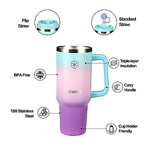 ICEWATER 40 oz Tumbler with 2 Lids (Flip & Standard Straw),100% Leak Proof Insulated Tumbler with Handle, Cup Holder Friendly, Stainless Steel Water Bottle, Gifts for Women & Men (Violet)