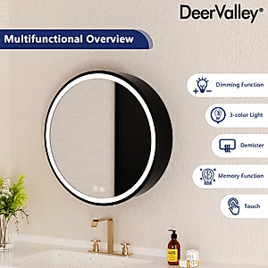 Deer Valley 24'' Round Medicine Cabinet with Mirror and Lights, Led Medicine Cabinet Mirror for Bathroom with Defogger, Metal Framed Electrical Outlet, Stepless Dimmable, Wall Mounted Medicine Cabinet