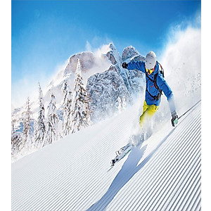 Ambesonne Winter Duvet Cover Set, Skier Skiing Downhill in High Mountains Extreme Winter Sports Hobby Activity, Decorative 2 Piece Bedding Set with 1 Pillow Sham, Twin Size, Blue White Yellow