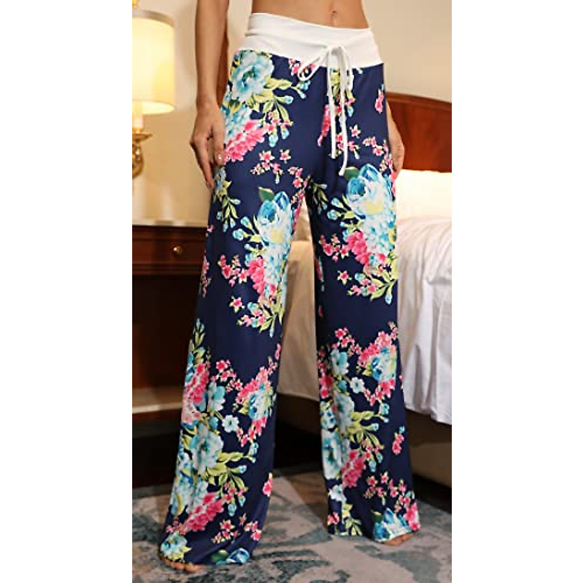 X-Image Women's Floral Printed High Waist Drawstring Wide Leg Palazzo Lounge Pants S-XXL Blue 4, X-Large