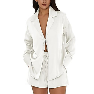 DEEP SELF Silk Pajama Sets for Women, Tie Front Long Sleeve Shirts and Shorts Satin Pj Set Soft Two Piece Sleepwear Lounge Sets (White, Large)