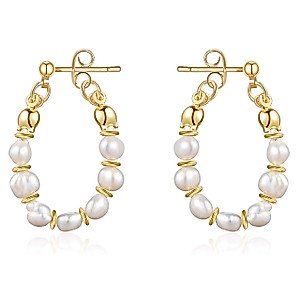 Pearl Hoop Earrings 925 Silver Handmade Baroque Cultured Pearls Dainty Circle Dangle Vintage Geometric Hypoallergenic 14K Gold Plated Jewelry for Women