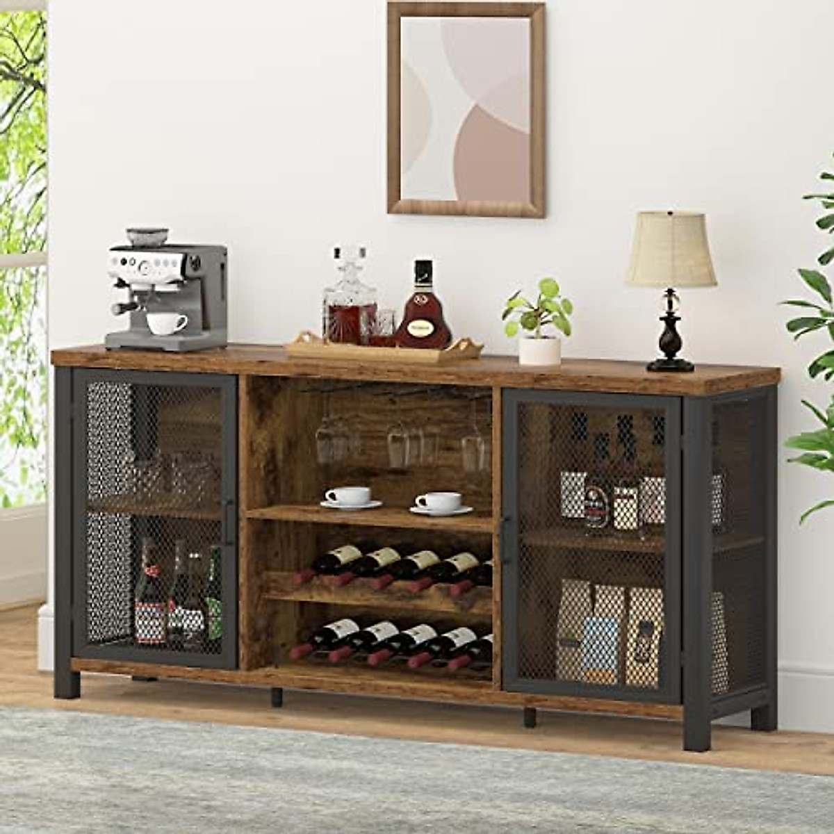 Launica Industrial Coffee Bar Cabinet, Wine Bar Cabinet for Liquor and Glasses, Liquor Cabinet with wine Rack Storage, Wood Metal Sideboard Buffet Cabinet for Home Kitchen Dining, Rustic Brown 55 Inch