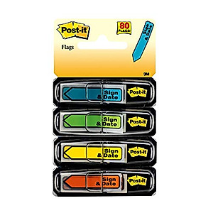 Post-it Message Flags, Sign and Date, 30/Dispenser, 4 Dispensers/Pack.47 in Wide, Assorted Colors (684-SD)