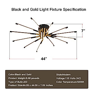 Modern Led ceiling light fixtures flush mount, Black and Gold Light Fixture Ceiling Mount, Modern Dining Room Light Fixture hanging,12-head Led Ceiling Lights for Bedroom,Living Room,Kitchen, Hallway