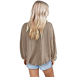 Panadila Women's Oversized Waffle Knit Pullover Casual Long Sleeve Tops Trendy Round Neck Tunic Shirts(Light Brown,L)