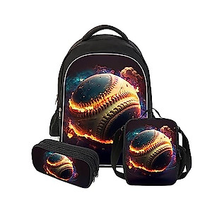 AnySmic Baseball Backpack for School, Kids Bookbag Set with Lunch Box and Pencil Case for Boys, Girls
