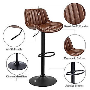 Volans Bar Stools Set of 4, Mid Century Modern Faux Leather Swivel Adjustable Height Bar Stool, Counter Height Pub Bar Chair with Back, Black Powder Coated Base, Cognac