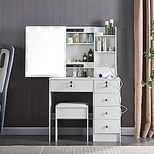 Xinhonglei Large Vanity Set with 10 LED Lights and Charging Station, Makeup Vanity Dressing Table with 5 Drawers, Vanity Table with Cushioned Stool, White Dresser for Bedroom