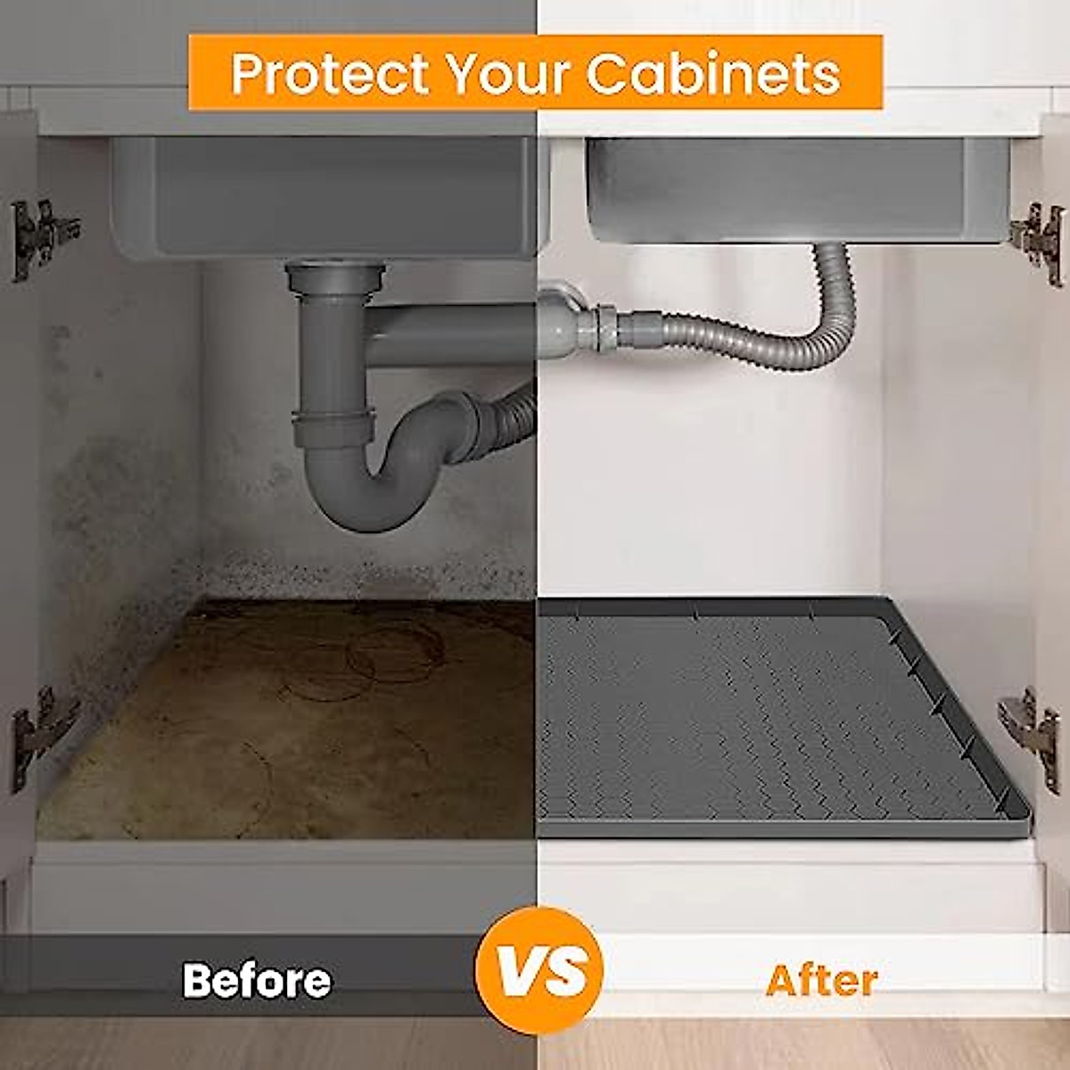 Sdpeia Under Sink Mat for [34" x 22"] Cabinet, Silicone Waterproof Mat, Kitchen Cabinet Liner Holds Over 2.2 Gallons, Cabinet Protector, Under Sink Tray for Drips, Leaks, Spills (Grey)